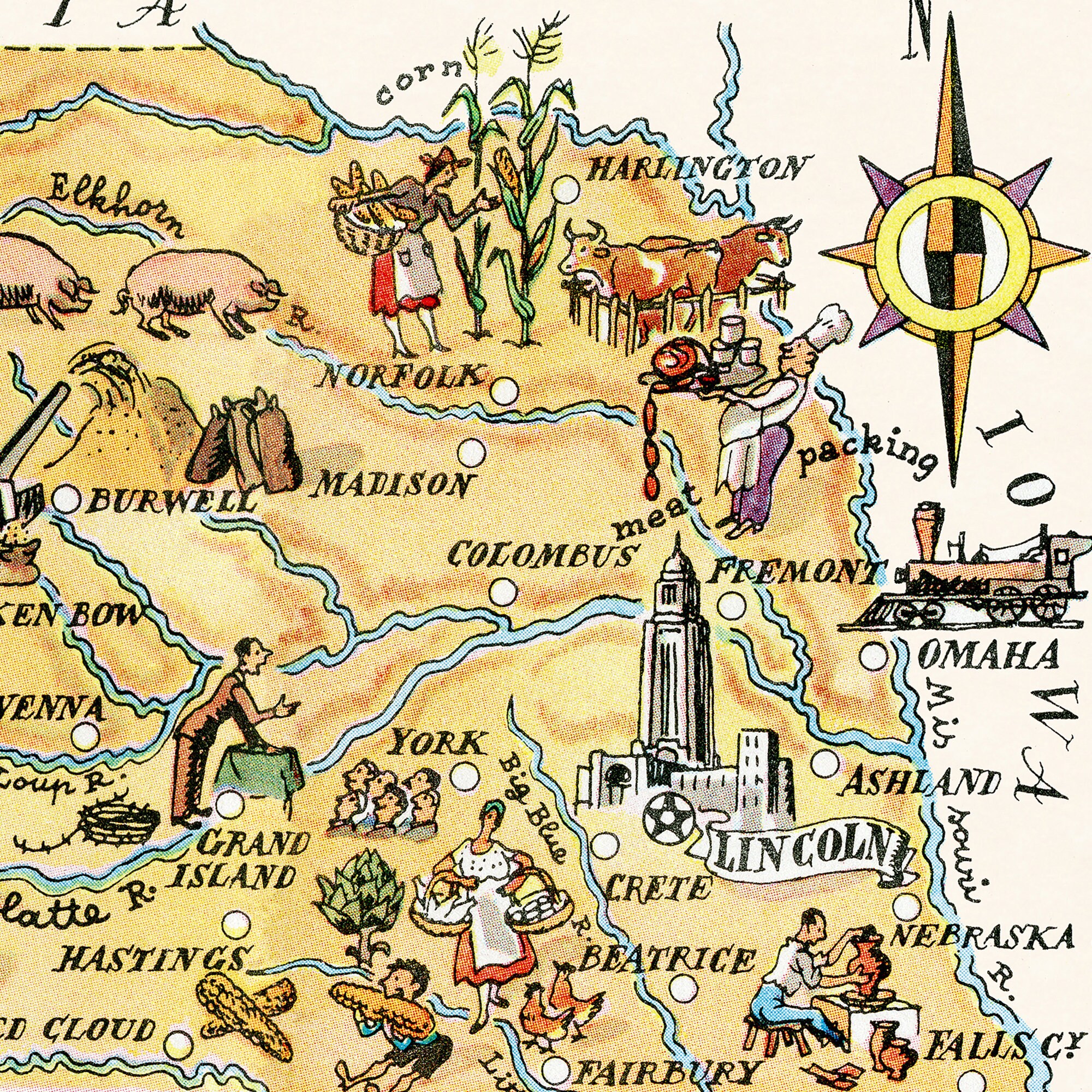 Fun State Map of Nebraska Vintage Pictorial Whimsical Cartoon Print ...