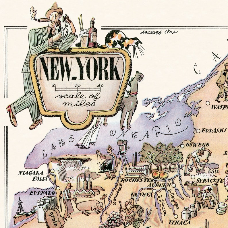 Fun State Map of New York Vintage Pictorial Whimsical - Etsy
