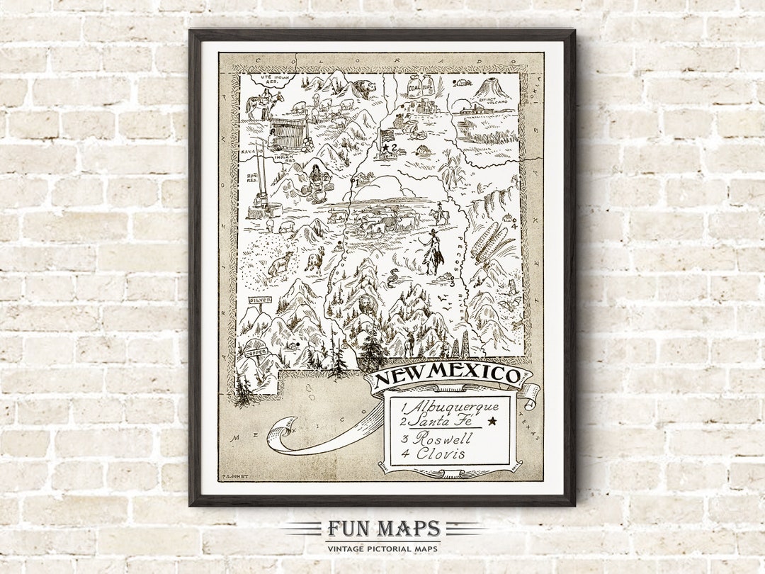 Vintage State Map of New Mexico – Fun Pictorial Whimsical Cartoon Print ...