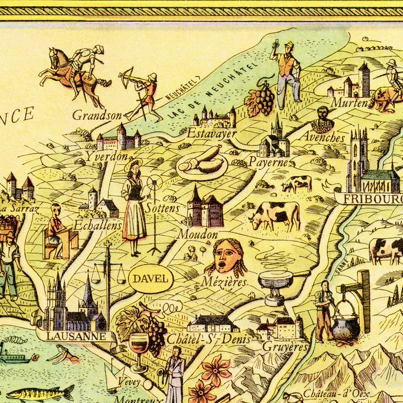Fun Map of Suisse Romandie in Switzerland Vintage Pictorial Whimsical ...