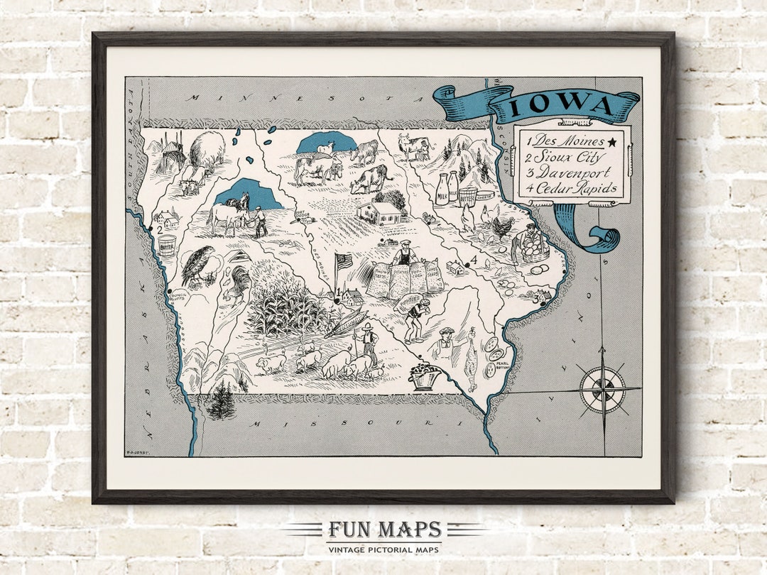Fun Map of Iowa – Vintage Pictorial Whimsical Cartoon Print ...