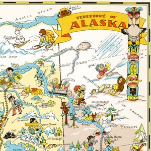 Fun State Map of Alaska – Vintage Pictorial Whimsical Cartoon Print ...
