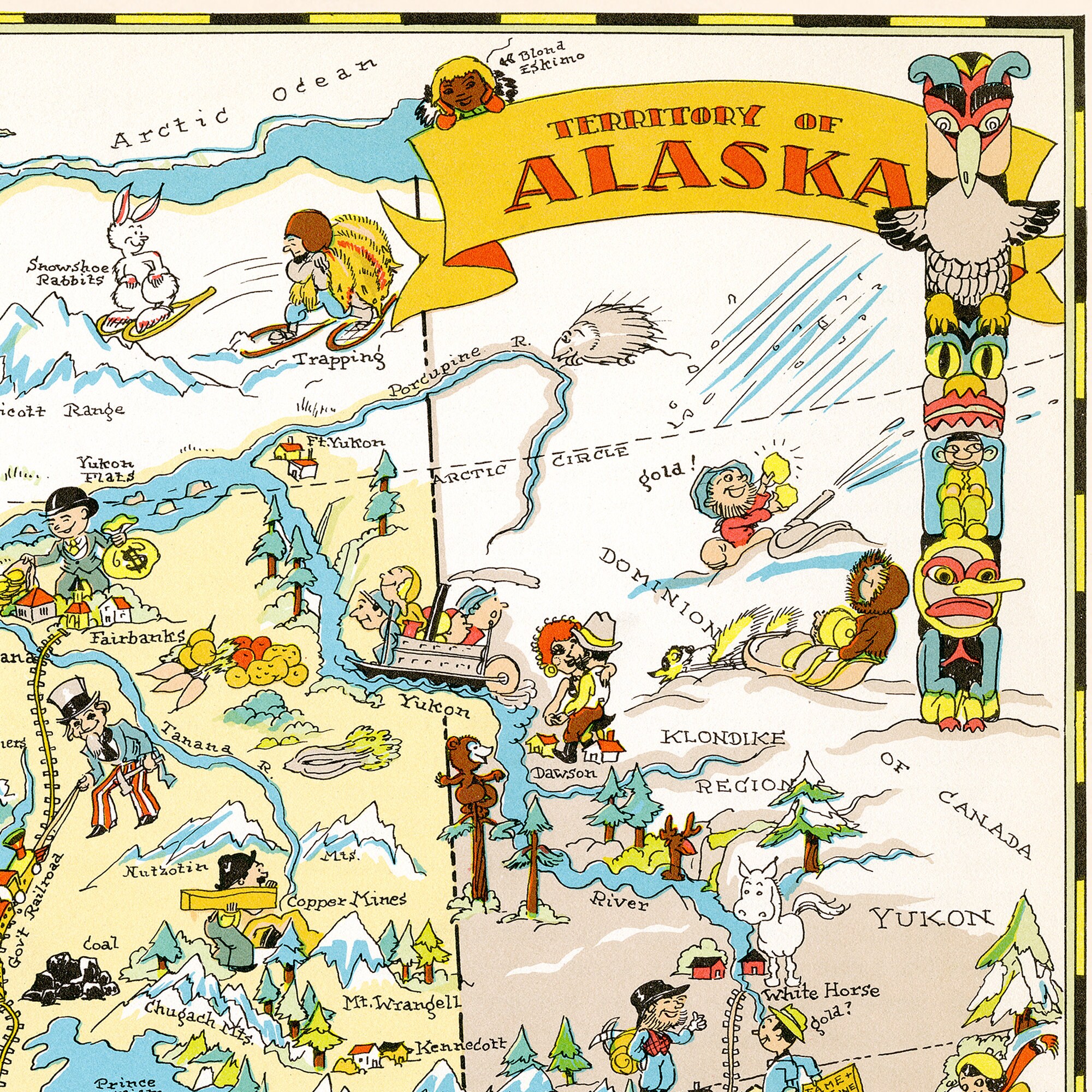 Fun State Map of Alaska Vintage Pictorial Whimsical Cartoon Print ...
