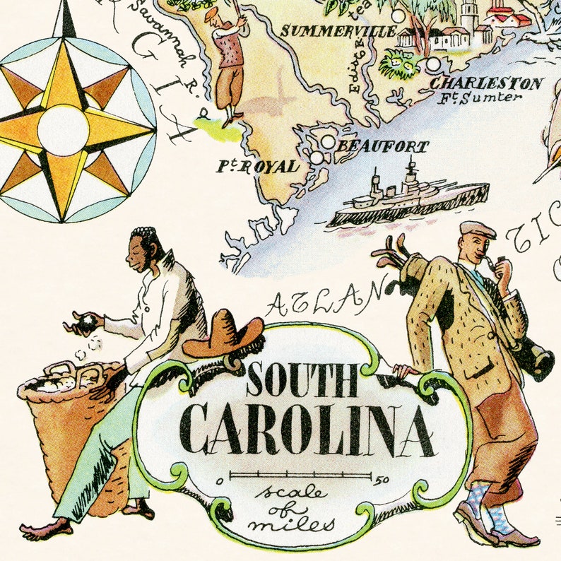 Fun State Map of South Carolina Vintage Pictorial Whimsical Cartoon ...