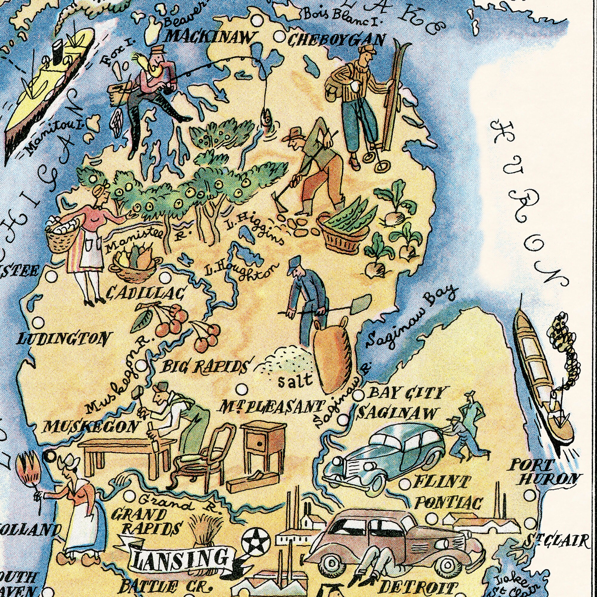 Fun State Map of Michigan – Vintage Pictorial Whimsical Cartoon Print ...