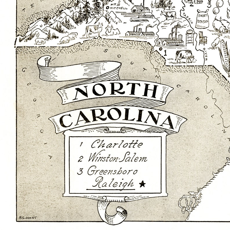Vintage State Map of North Carolina Fun Pictorial Whimsical Cartoon ...