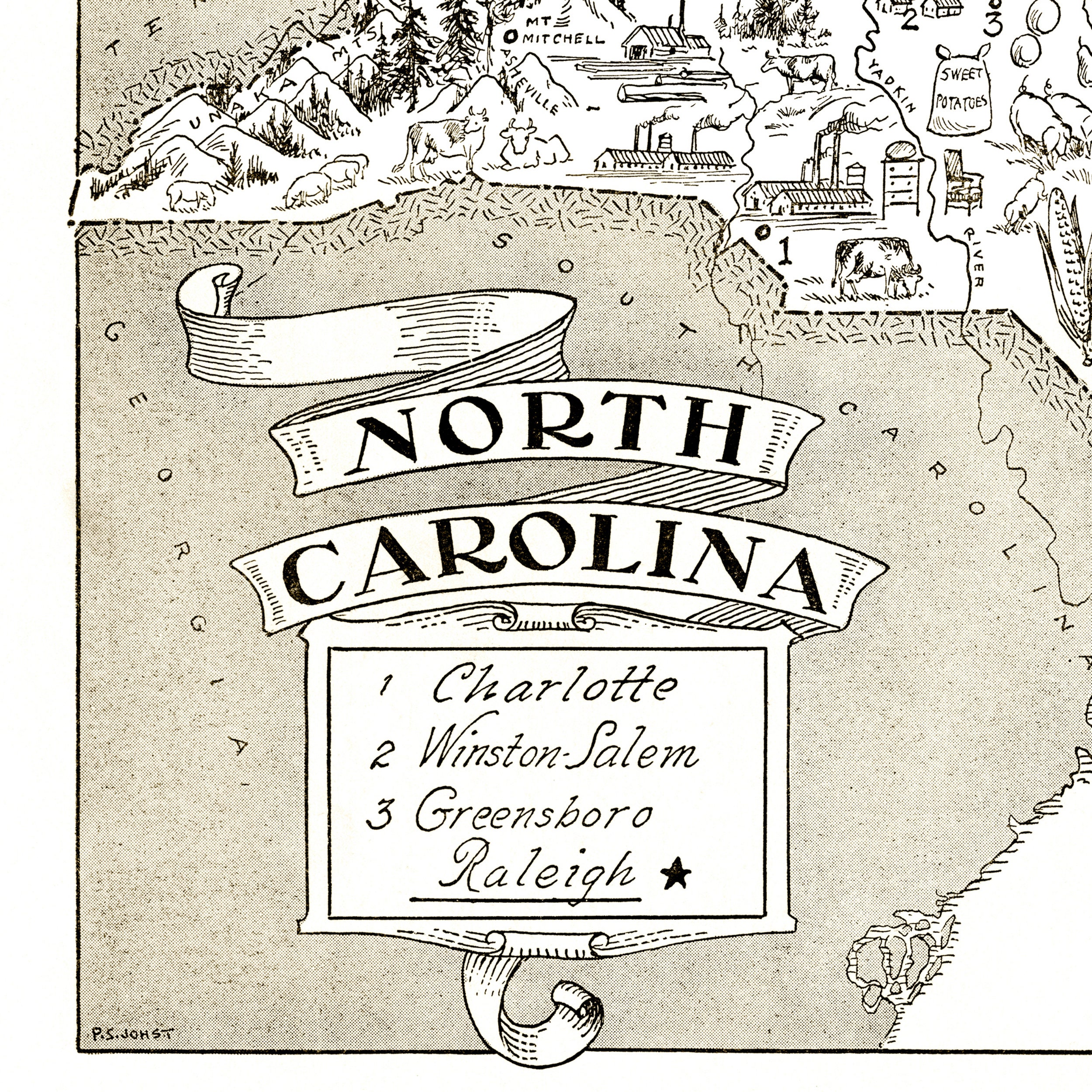 Vintage State Map of North Carolina Fun Pictorial Whimsical Cartoon ...