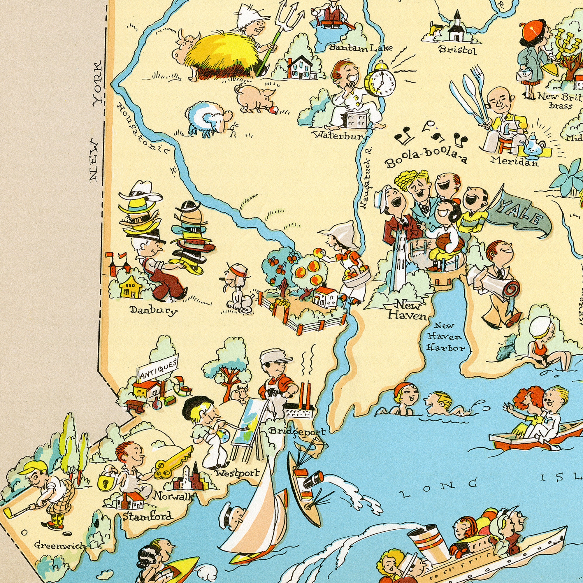 Fun State Map of Connecticut Vintage Pictorial Whimsical Cartoon Print ...