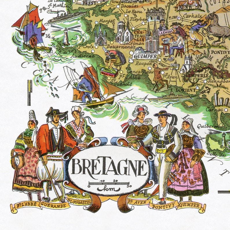 Fun Map of Bretagne a French Province, France, FR - Vintage Pictorial ...