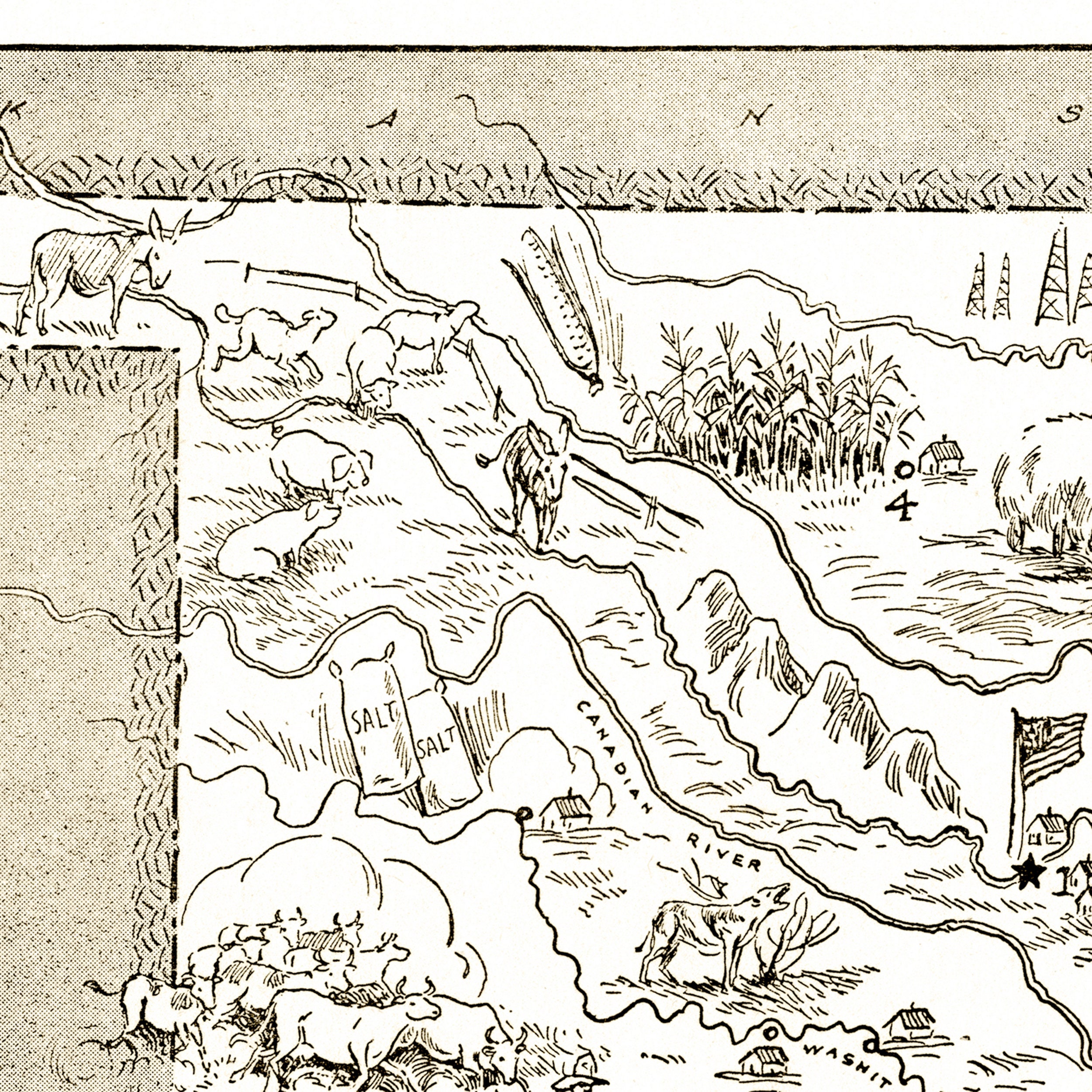 Vintage State Map of Oklahoma Fun Pictorial Whimsical Cartoon Print ...