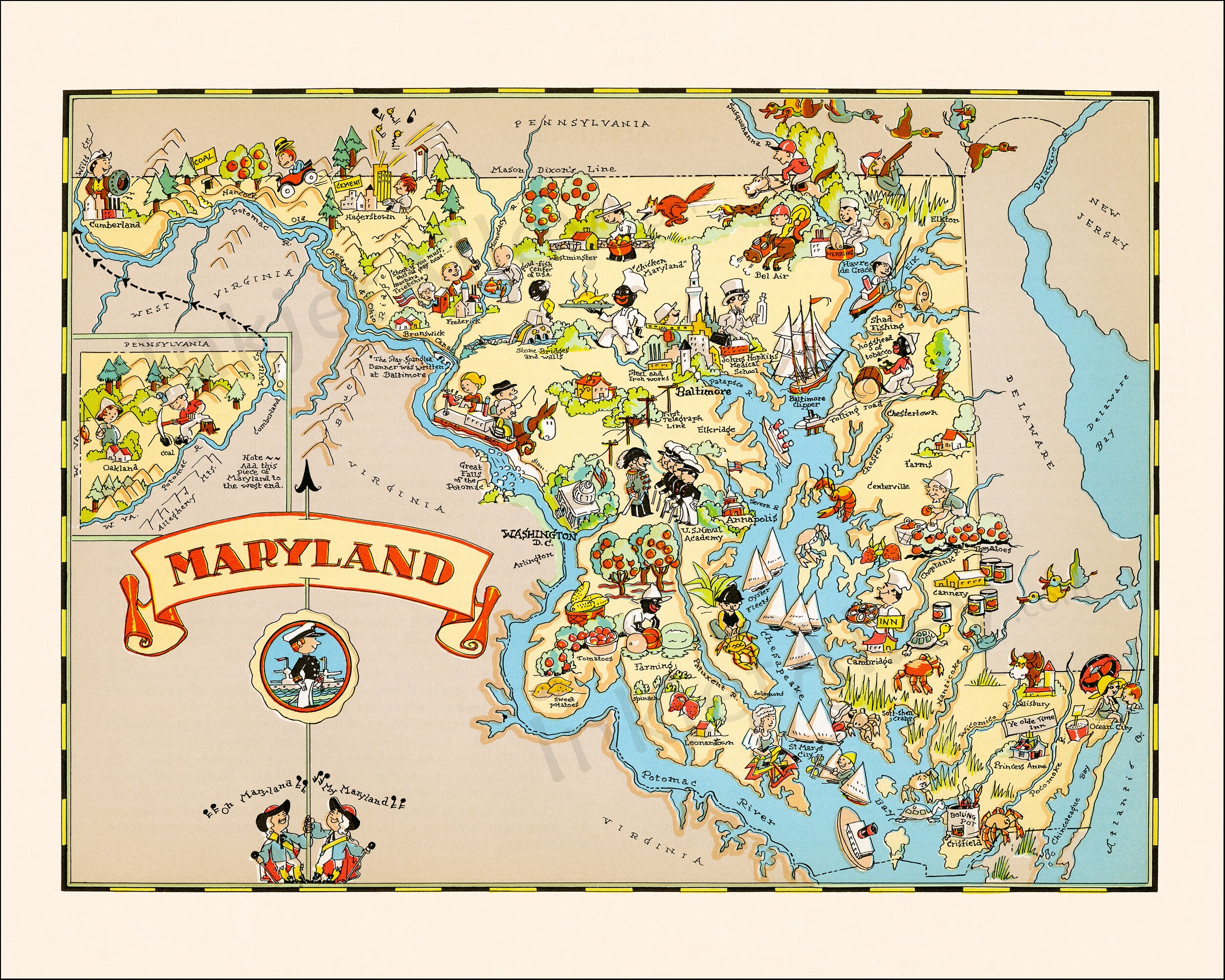 Fun State Map of Maryland – Vintage Pictorial Whimsical Cartoon Print ...