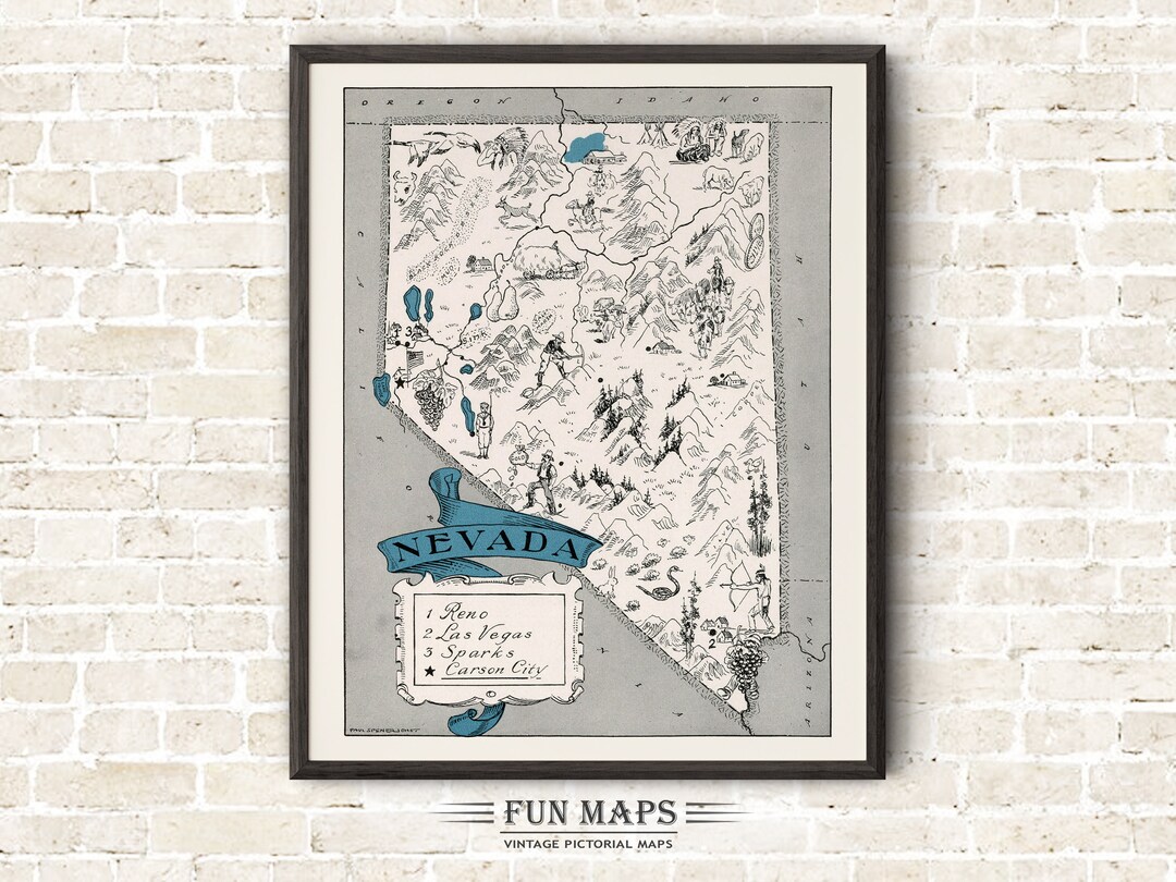 Fun Map of Nevada – Vintage Pictorial Whimsical Cartoon Print ...