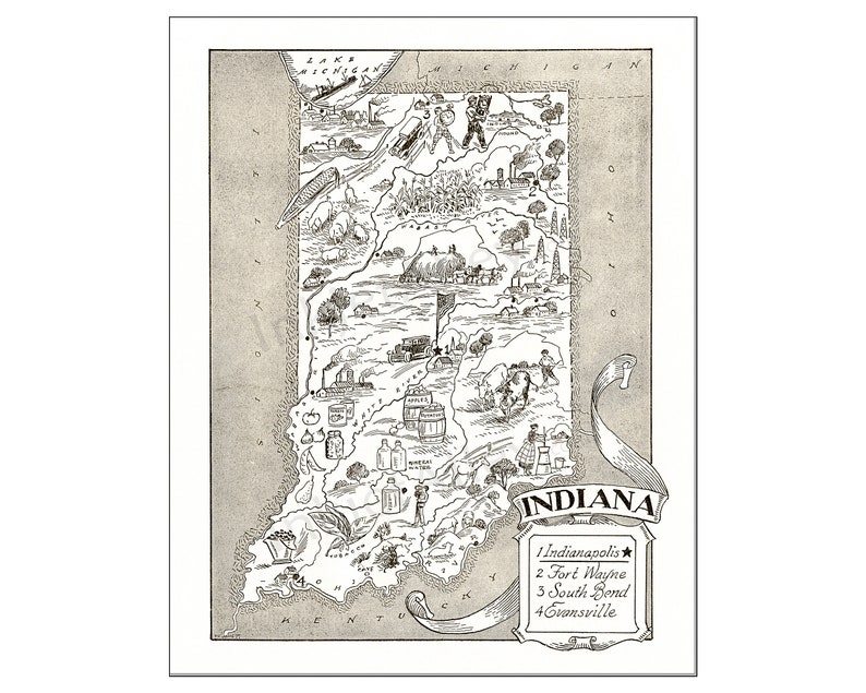 Vintage State Map of Indiana Fun Pictorial Whimsical Cartoon - Etsy