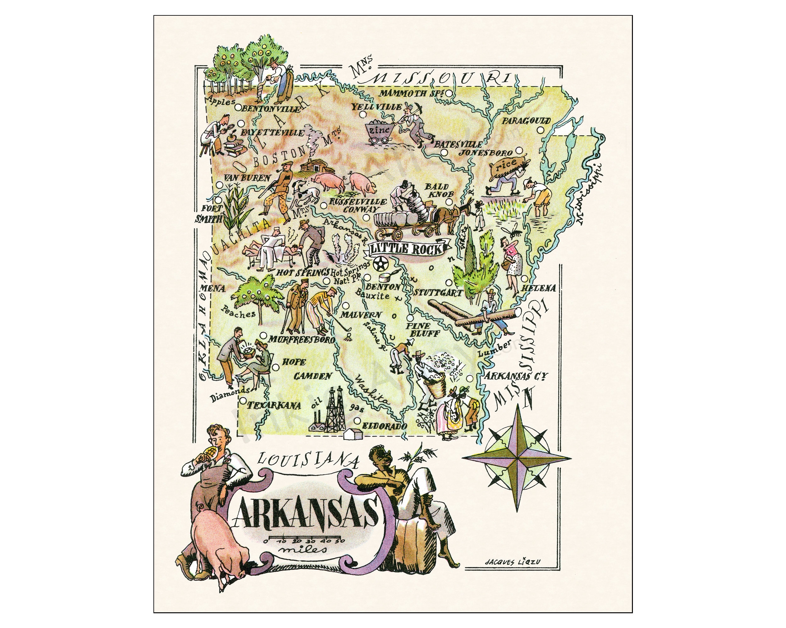Fun State Map of Arkansas Vintage Pictorial Whimsical Cartoon Print ...