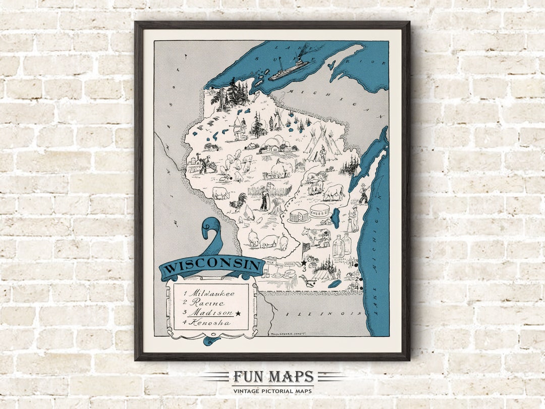 Fun Map of Wisconsin – Vintage Pictorial Whimsical Cartoon Print ...
