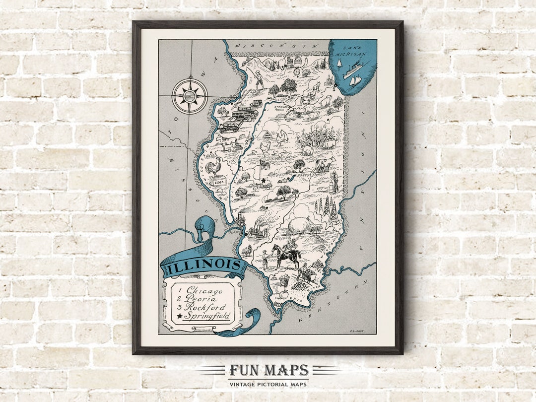 Fun Map of Illinois – Vintage Pictorial Whimsical Cartoon Print ...