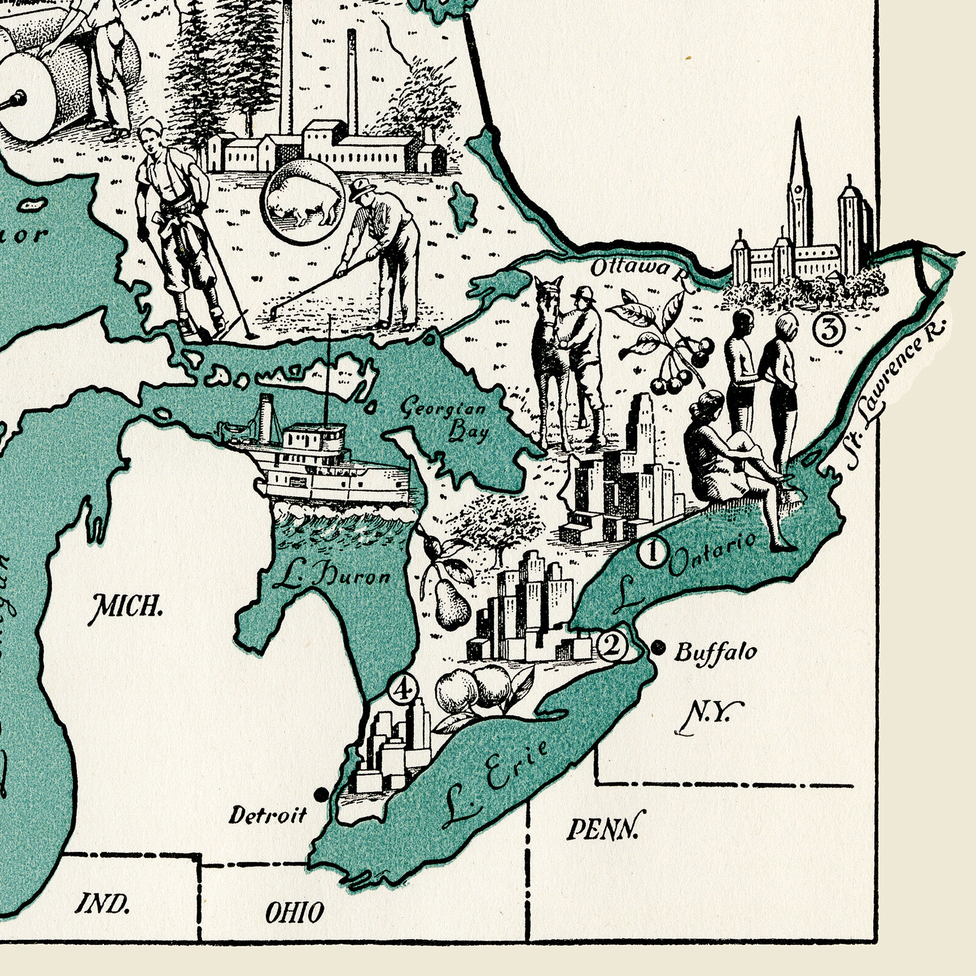 Map of Ontario, Canada Fun Vintage Pictorial Whimsical Cartoon Old ...