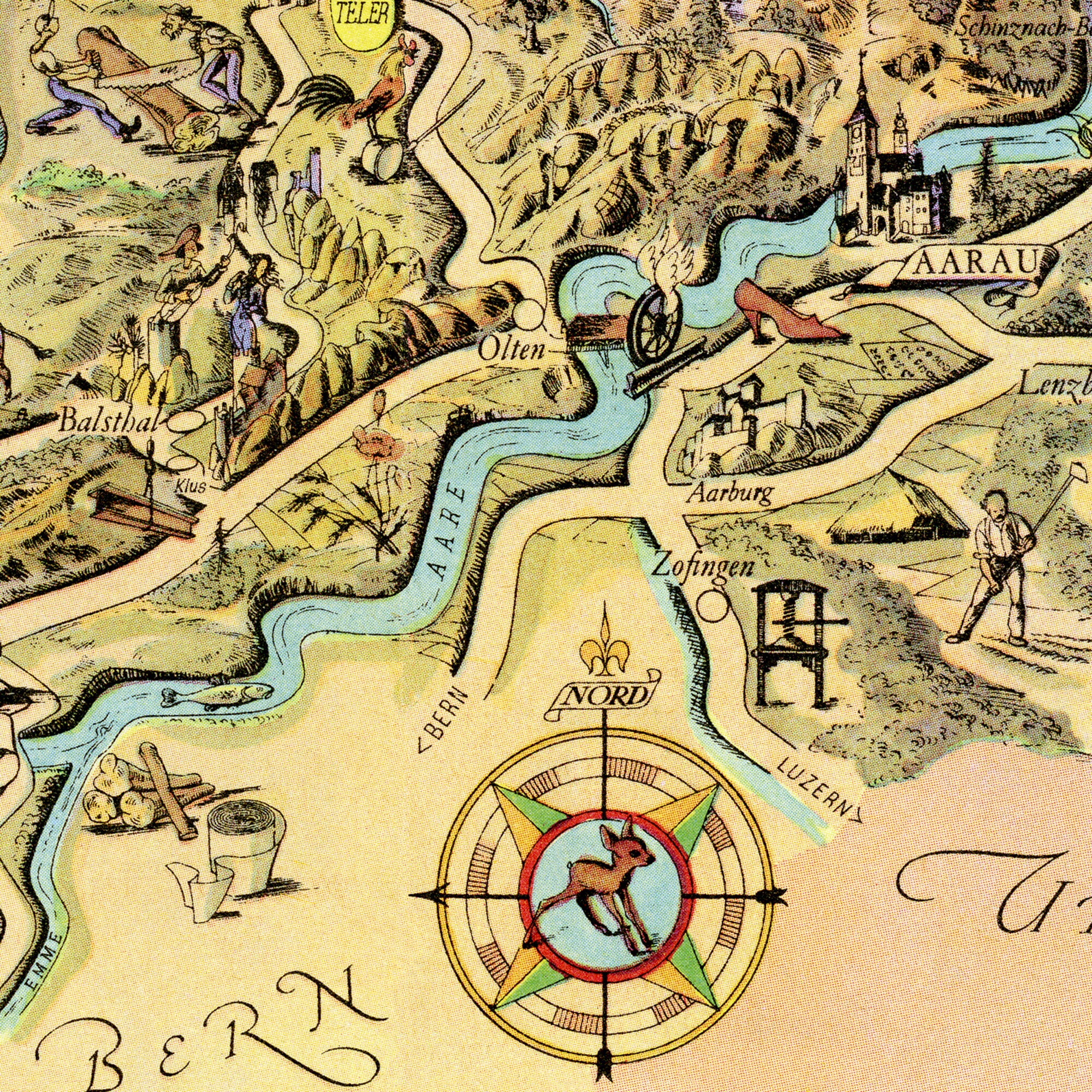 Fun Map of Basel & Nordschweiz in Switzerland - Vintage Pictorial ...