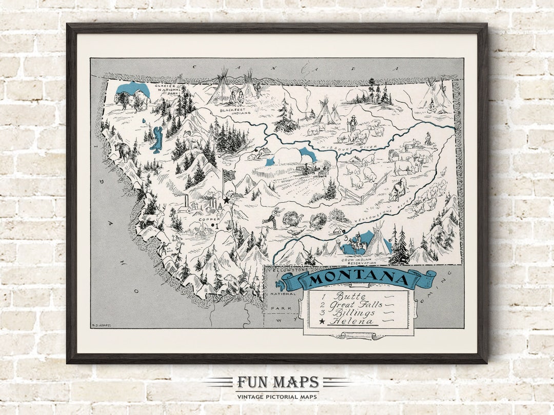 Fun Map of Montana – Vintage Pictorial Whimsical Cartoon Print ...