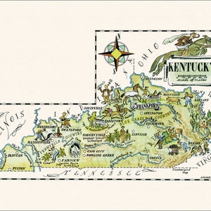 Fun State Map of Kentucky – Vintage Pictorial Whimsical Cartoon Print ...