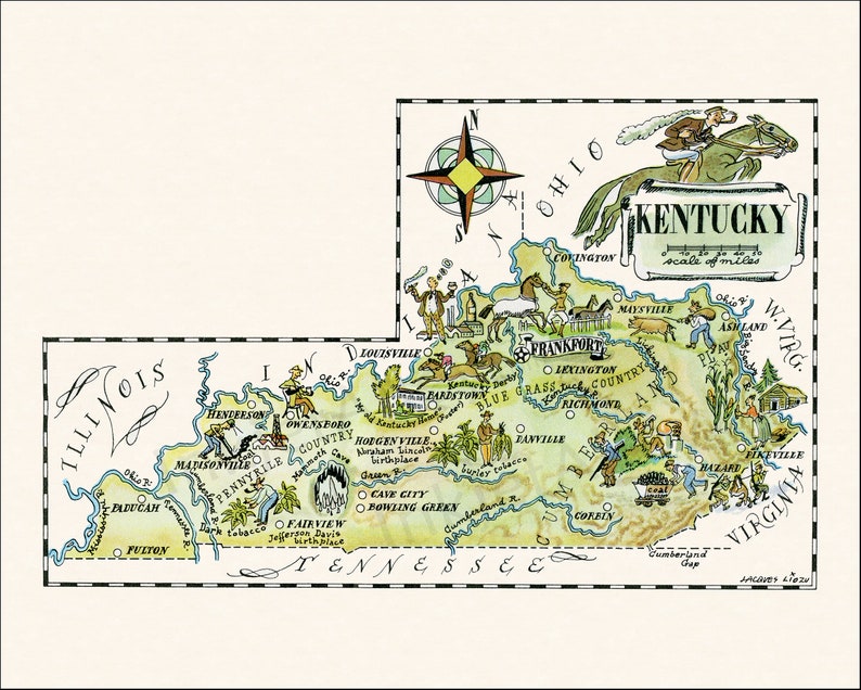 Fun State Map of Kentucky Vintage Pictorial Whimsical Cartoon Print ...