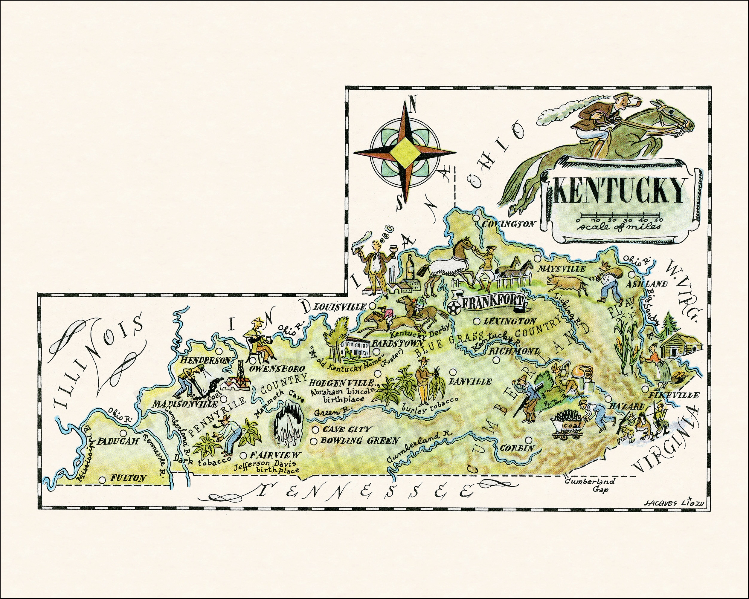 Fun State Map of Kentucky Vintage Pictorial Whimsical Cartoon Print ...