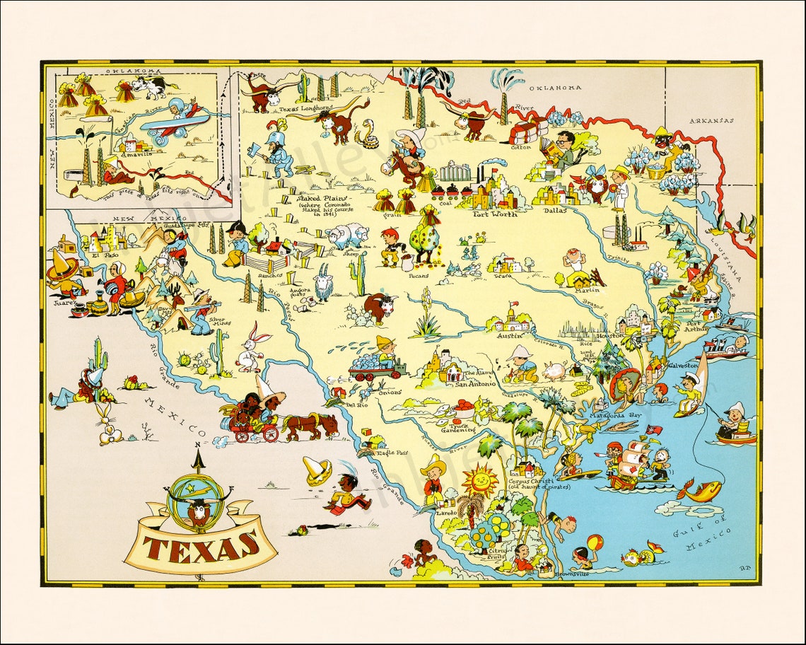 Fun State Map of Texas – Vintage Pictorial Whimsical Cartoon Print ...