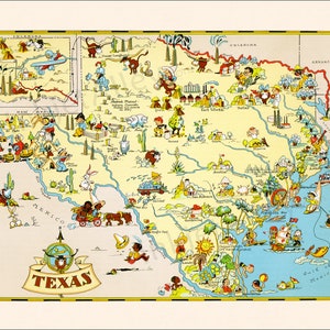 Fun State Map of Texas – Vintage Pictorial Whimsical Cartoon Print ...