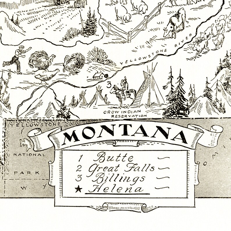 Vintage State Map of Montana Fun Pictorial Whimsical Cartoon Print ...