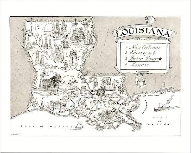 Vintage State Map of Louisiana – Fun Pictorial Whimsical Cartoon Print ...