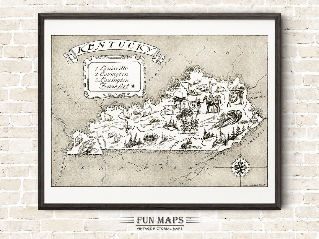 Vintage State Map of Kentucky – Fun Pictorial Whimsical Cartoon Print ...