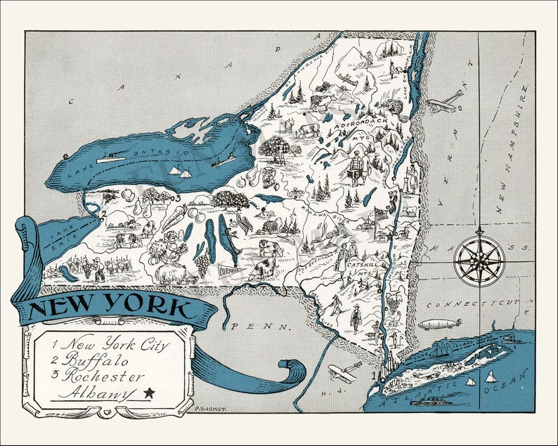 Fun Map of New York – Vintage Pictorial Whimsical Cartoon Print ...