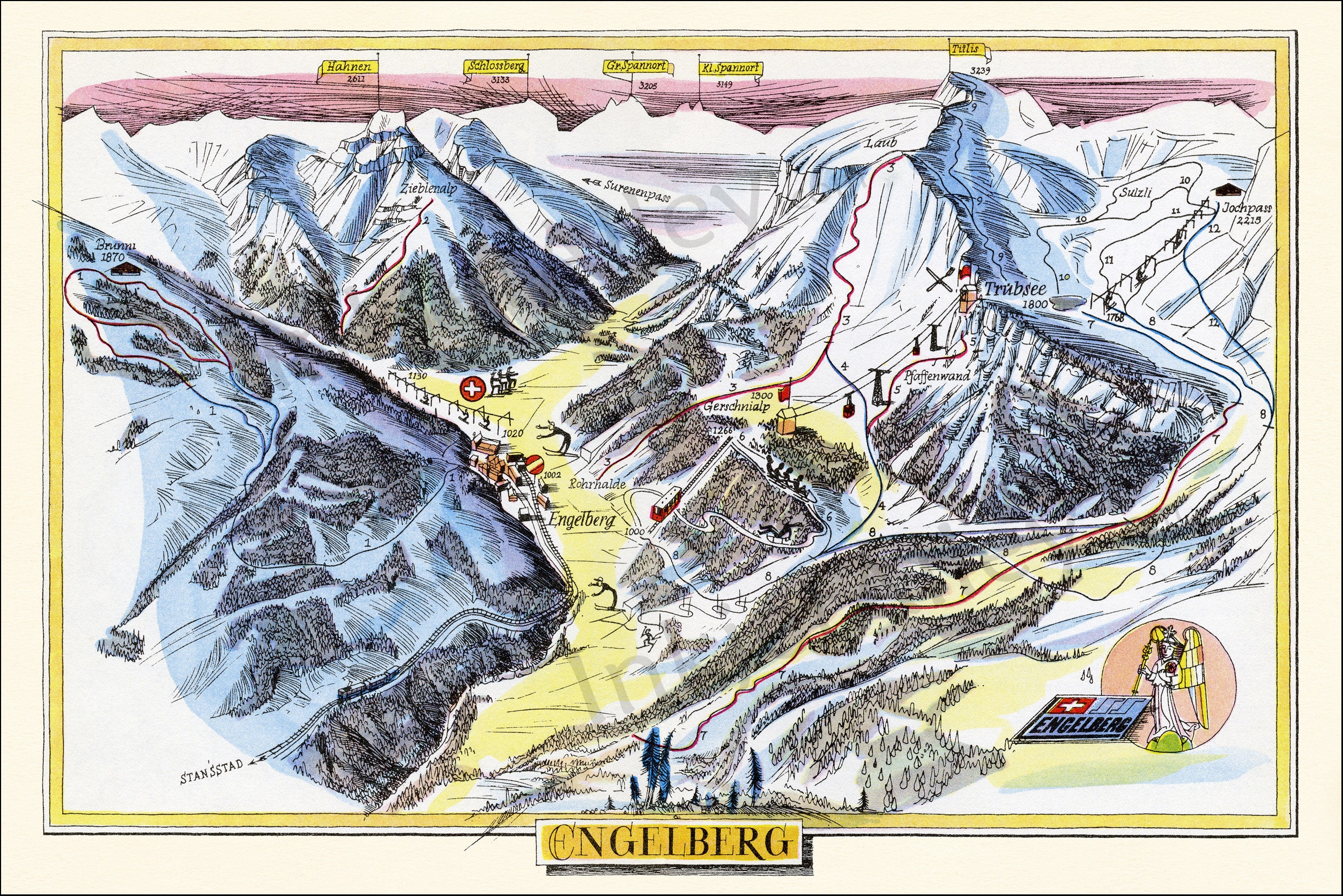 Fun Ski Run Trail Map of Engelberg in the Swiss Alps, Switzerland ...