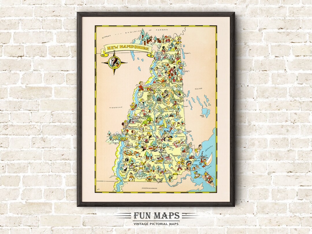 Fun State Map of New Hampshire Vintage Pictorial Whimsical Cartoon ...