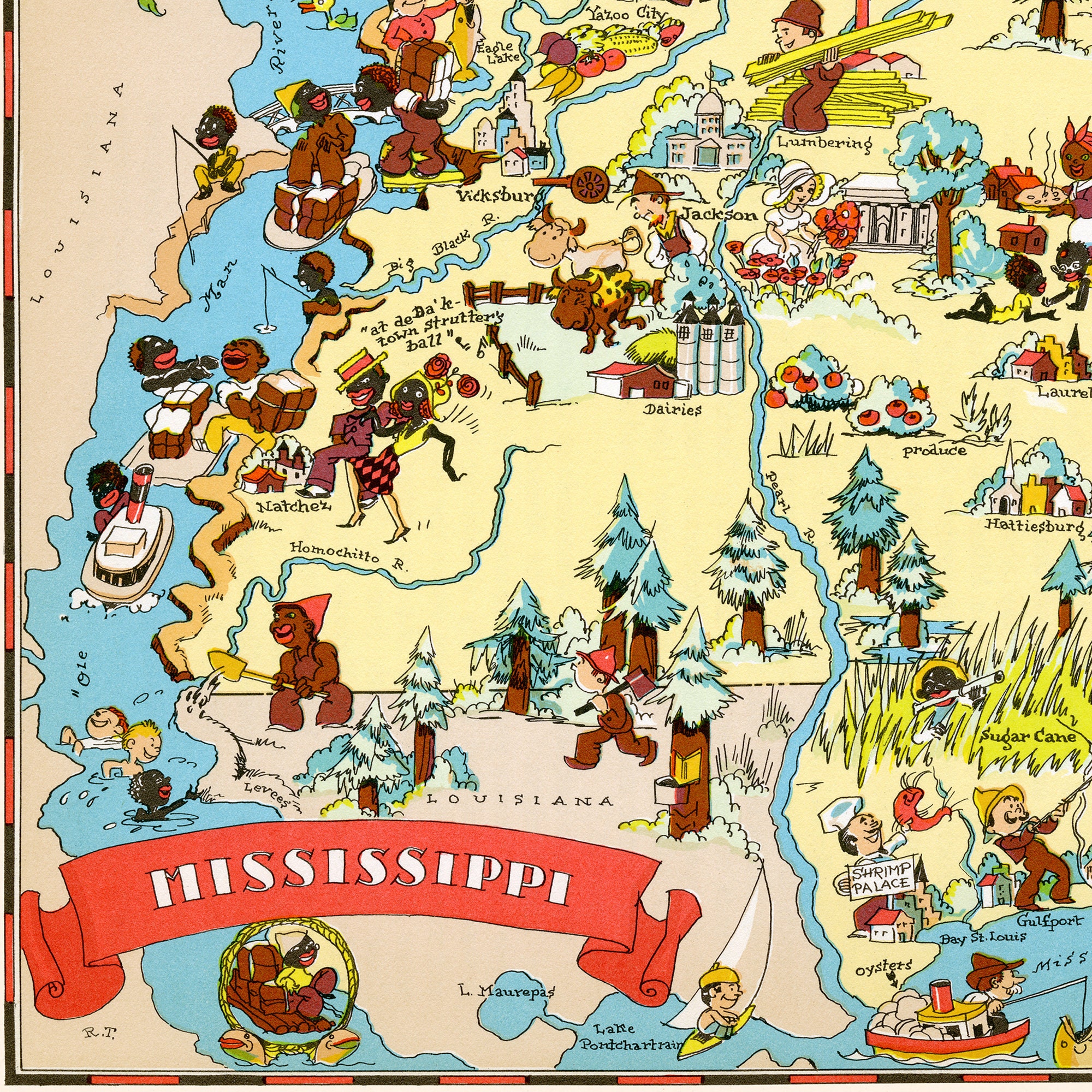 Fun State Map of Mississippi vintage Pictorial Whimsical Cartoon Print ...