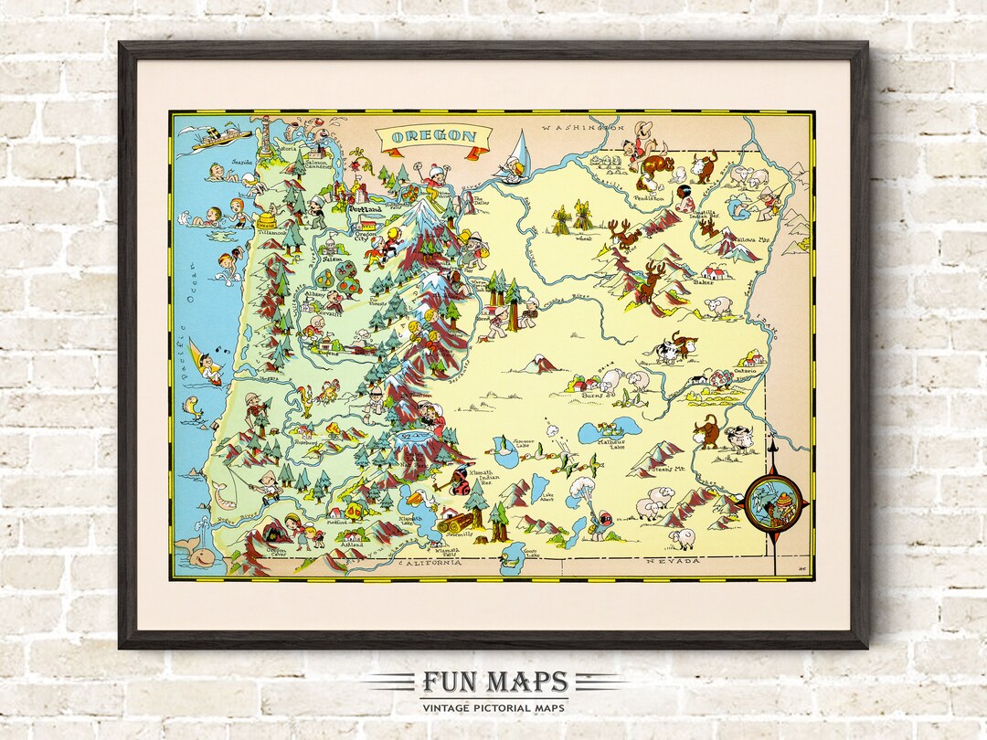 Fun State Map of Oregon – Vintage Pictorial Whimsical Cartoon Print ...