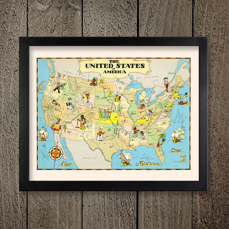 Fun Map of the United States Vintage Pictorial Whimsical - Etsy