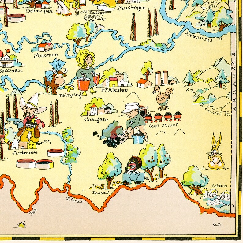 Fun State Map of Oklahoma – Vintage Pictorial Whimsical Cartoon Print ...