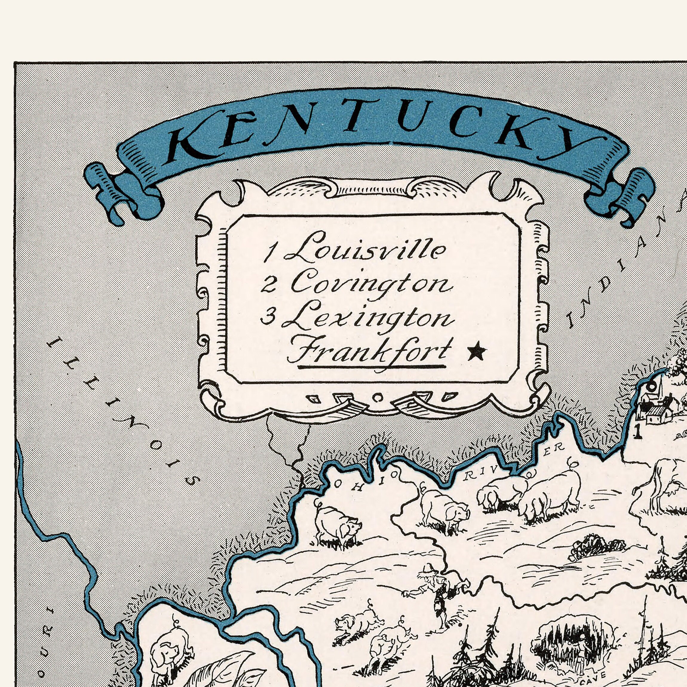 Fun Map of Kentucky – Vintage Pictorial Whimsical Cartoon Print ...