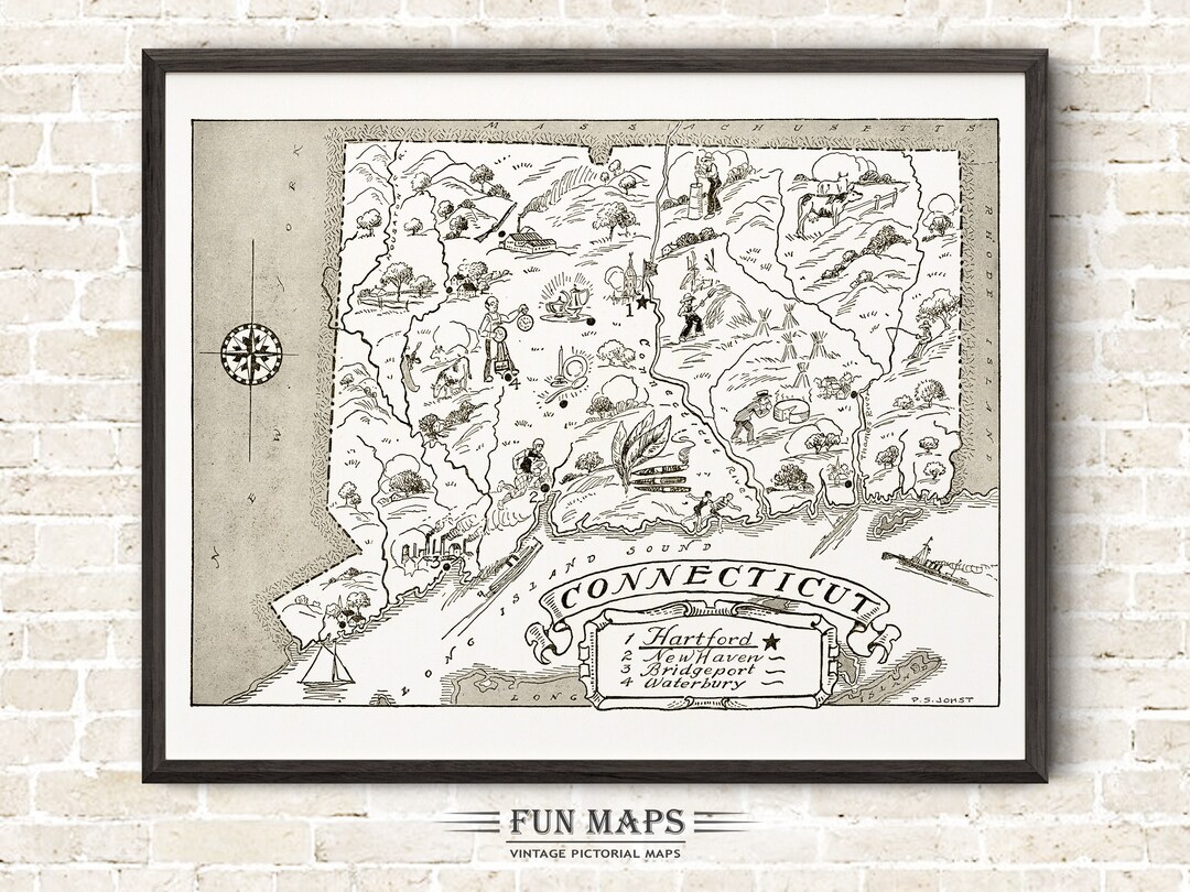 Vintage State Map of Connecticut – Fun Pictorial Whimsical Cartoon ...
