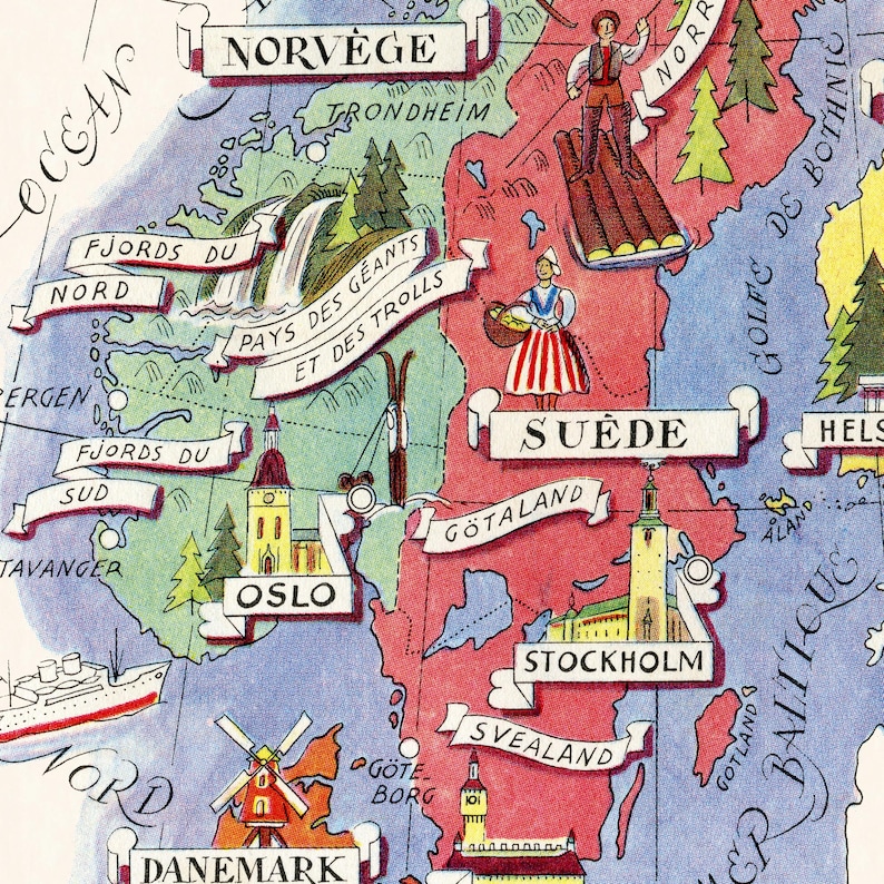 Fun Map of the Nordic Countries Vintage Pictorial Whimsical Cartoon ...