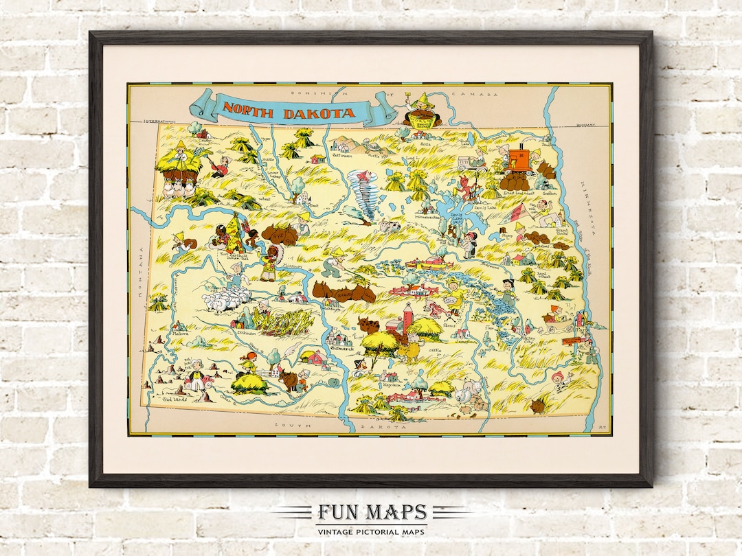 Fun State Map of North Dakota - Vintage Pictorial Whimsical Cartoon ...