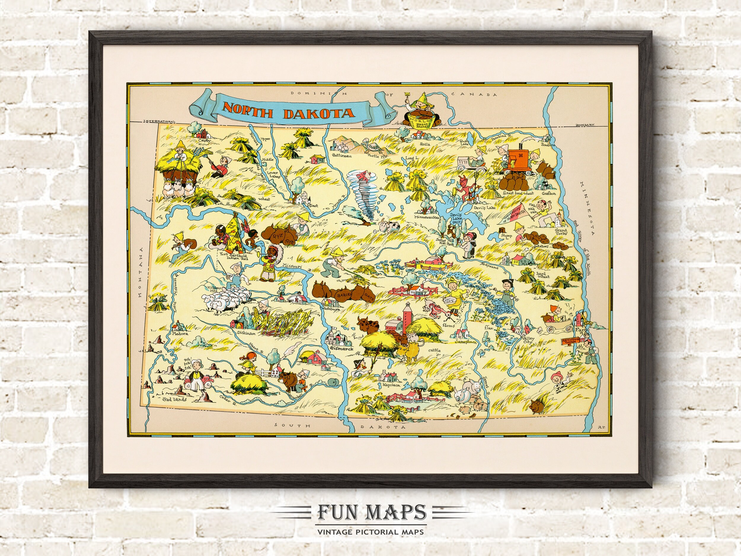 Fun State Map of North Dakota - Vintage Pictorial Whimsical Cartoon ...