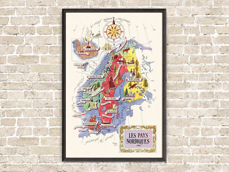 Fun Map of the Nordic Countries Vintage Pictorial Whimsical Cartoon ...