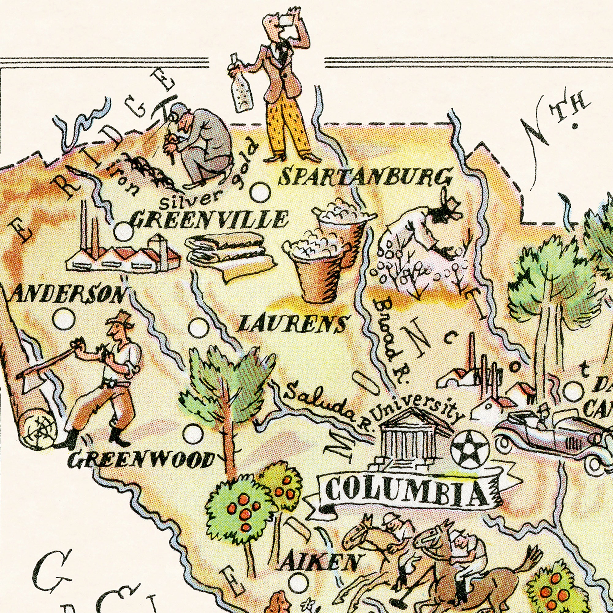 Fun State Map of South Carolina Vintage Pictorial Whimsical Cartoon Print Illustration From ...