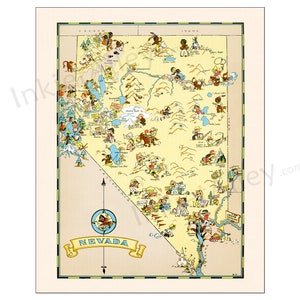 Fun State Map of Nevada – Vintage Pictorial Whimsical Cartoon Print ...