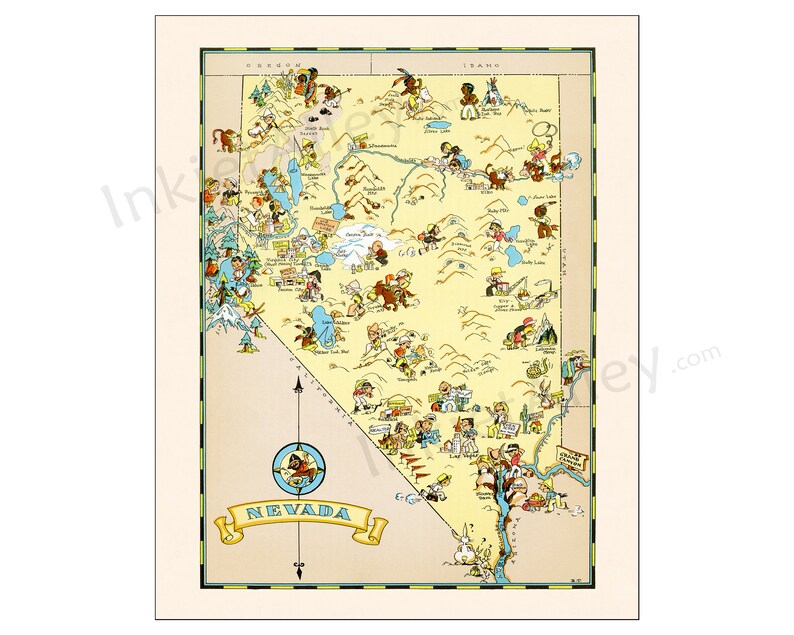 Fun State Map of Nevada Vintage Pictorial Whimsical Cartoon Print ...