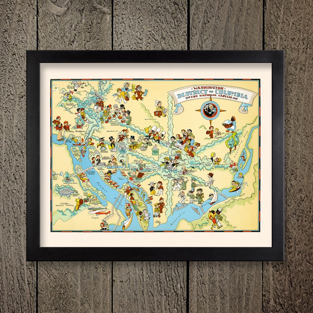Fun State Map of District of Columbia Vintage Pictorial Whimsical ...