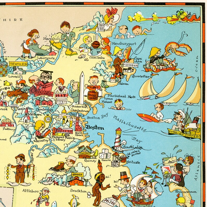Fun State Map of Massachusetts - Vintage Pictorial Whimsical Cartoon ...