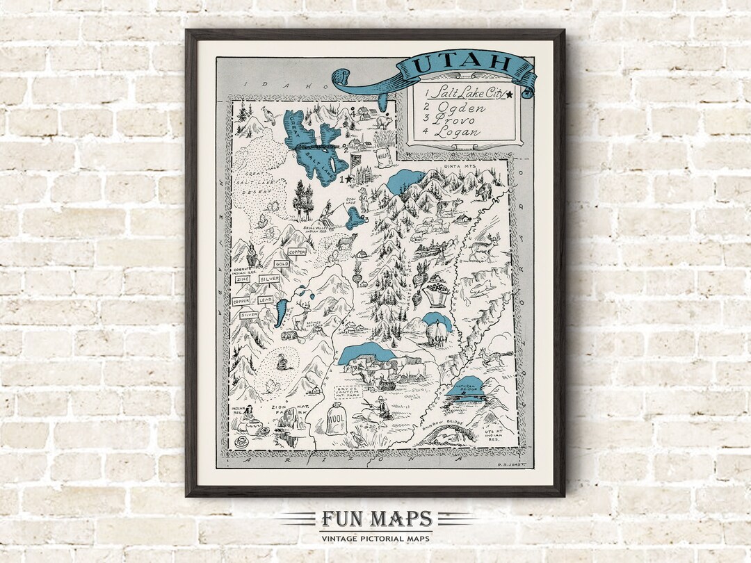 Fun Map of Utah – Vintage Pictorial Whimsical Cartoon Print ...